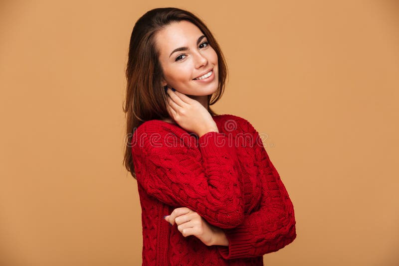 Cheerful Caucasian Lady Dressed in Sweater Stock Photo - Image of ...
