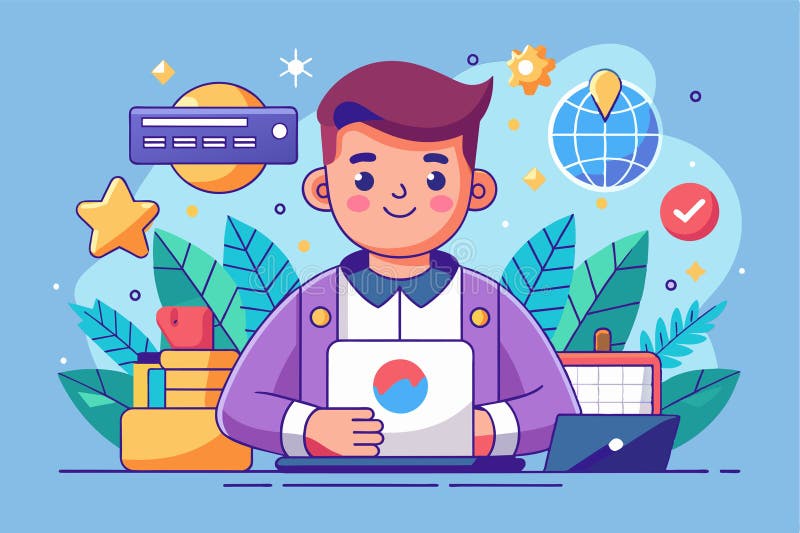 A Cheerful Character with a Tablet is Surrounded by Colorful Graphics ...