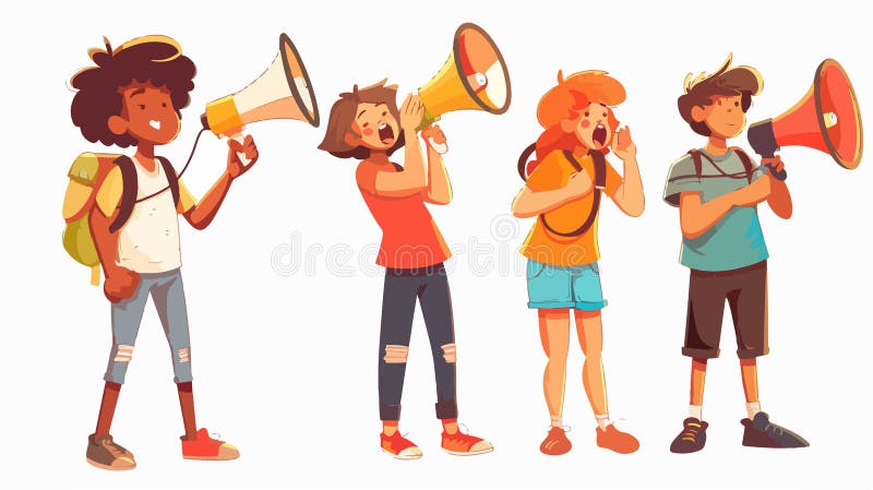 Cheerful Characters Communicating Using Loudspeakers Stock Vector ...