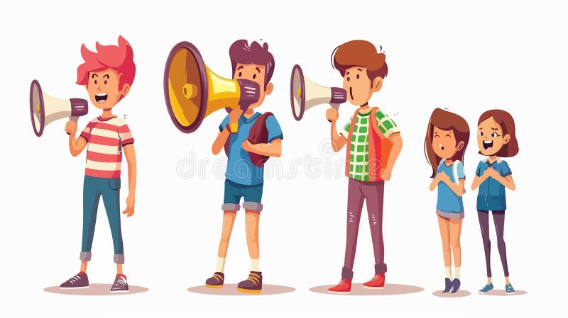 Cheerful Characters Communicating Using Loudspeakers Stock Vector ...