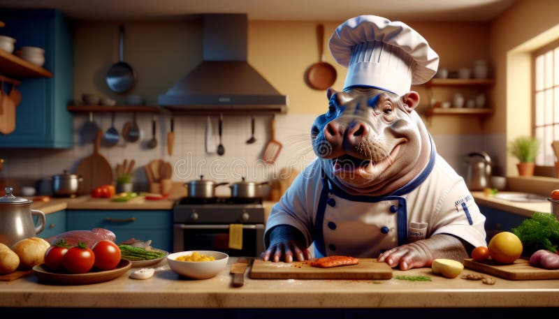 Cheerful Chef Hippopotamus Preparing in the Kitchen Stock Illustration ...