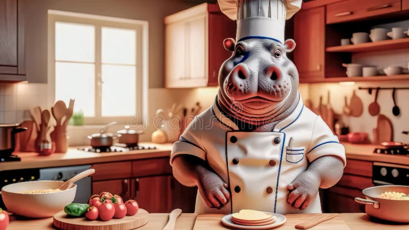 Cheerful Chef Hippopotamus Preparing in the Kitchen, Cyclic Rendering ...