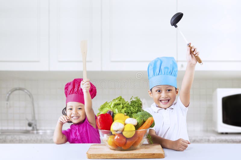 Cheerful Chef Kids in Kitchen Stock Photo - Image of kitchen, cabbage ...