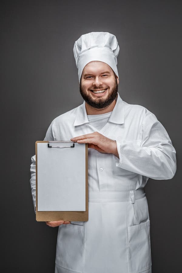 Cheerful Chef Showing Empty Clipboard Stock Photo - Image of adult ...