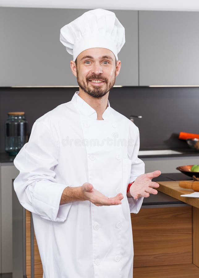 Cheerful Chef in White Uniform Stock Photo - Image of enthusiastic ...