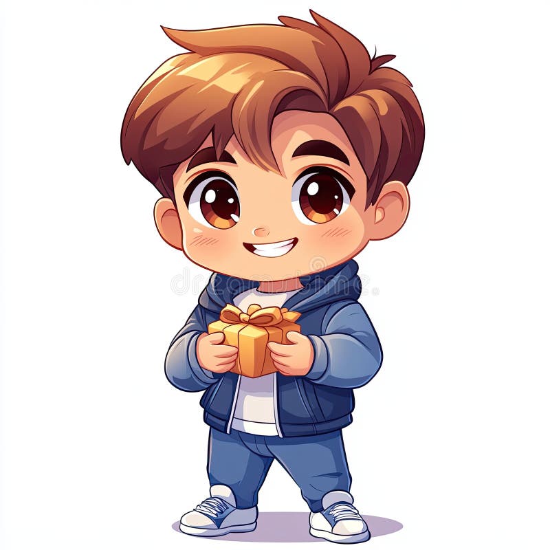 Cheerful Chibi Boy Holding Small Gift with Warm Smile Stock ...