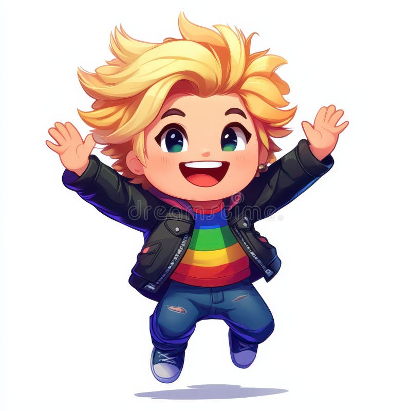 Cheerful Chibi Character with Blonde Hair Jumping in Joy Stock ...