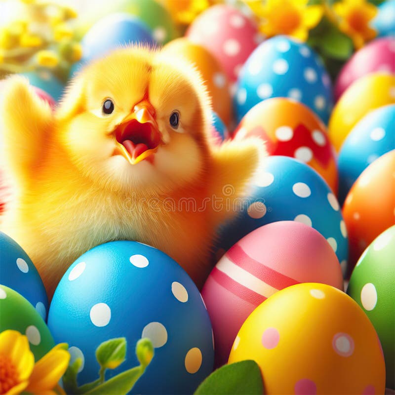 A Cheerful Chick Peeks Out from Behind a Row of Brightly Painted Easter ...