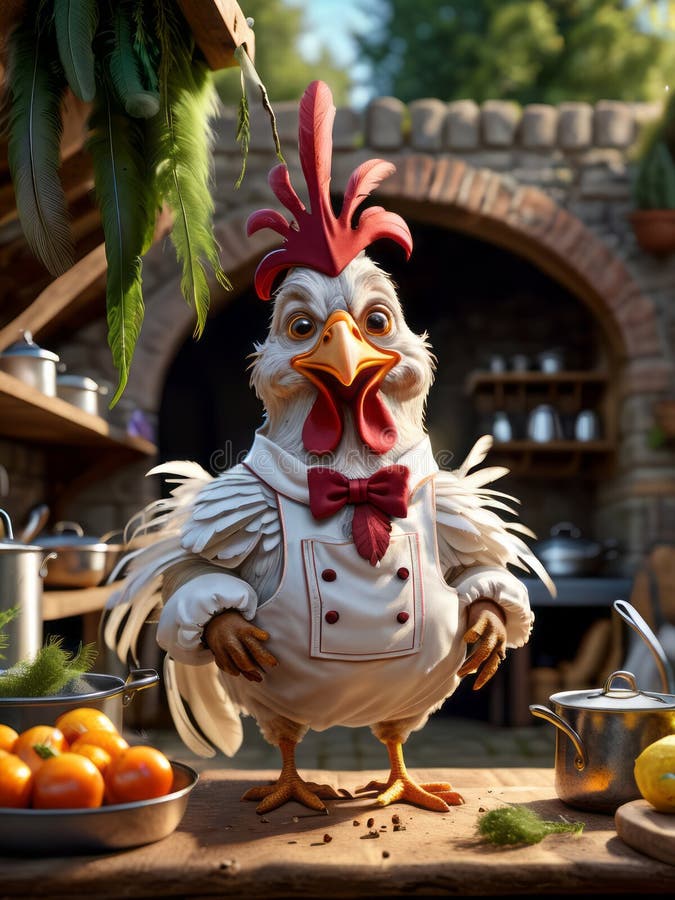 Cheerful Chicken in Chef Attire Standing Proudly in a Rustic Kitchen ...
