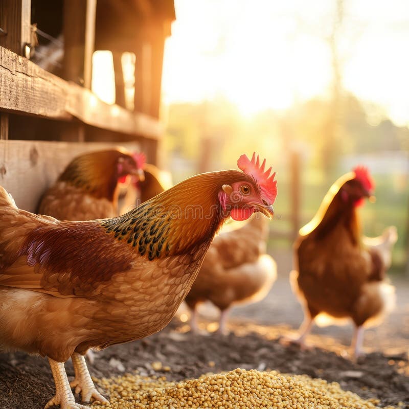 Cheerful Chicken and Hen Pecking at Feed in a Lively Atmosphere with ...