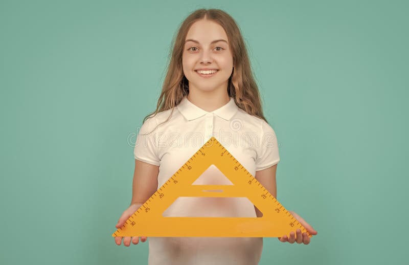 Cheerful Child with Math Triangle Measuring Tool Stock Photo - Image of ...