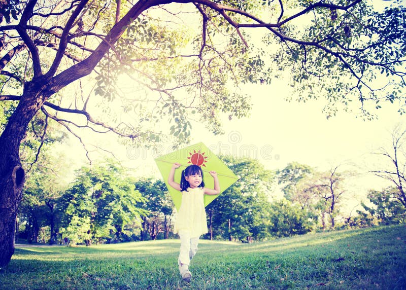Cheerful Child Playing Kite Outdoors Stock Image - Image of activity ...