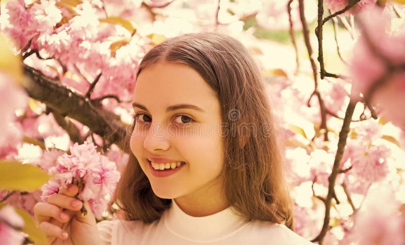 Cheerful Child at Sakura Flower Bloom in Spring Stock Image - Image of ...
