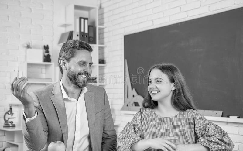 Cheerful Child Study in Classroom with Tutor Stock Image - Image of ...