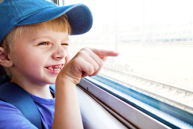 Cheerful Child in the Train Stock Image - Image of male, hand: 128247759