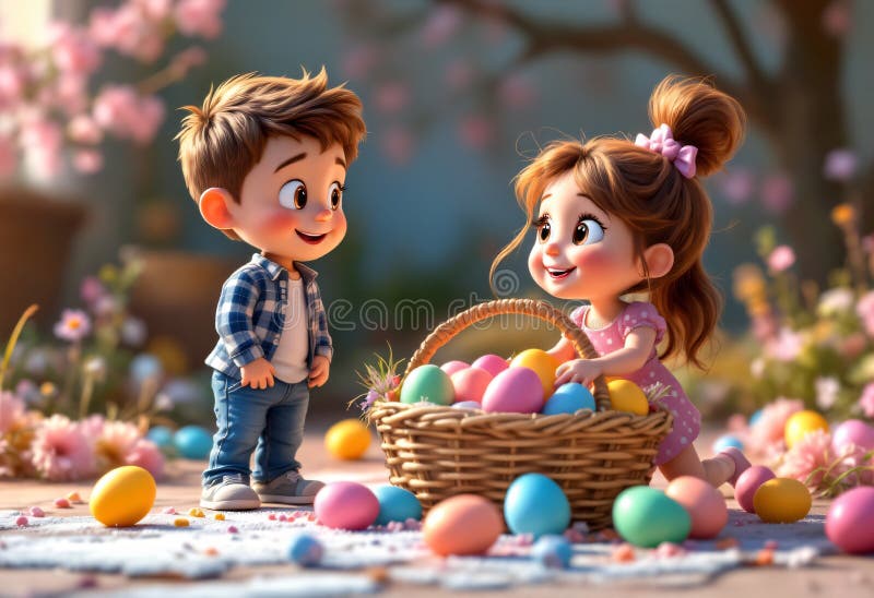 Cheerful Children on an Easter Egg Hunt in a Vibrant Spring Garden ...