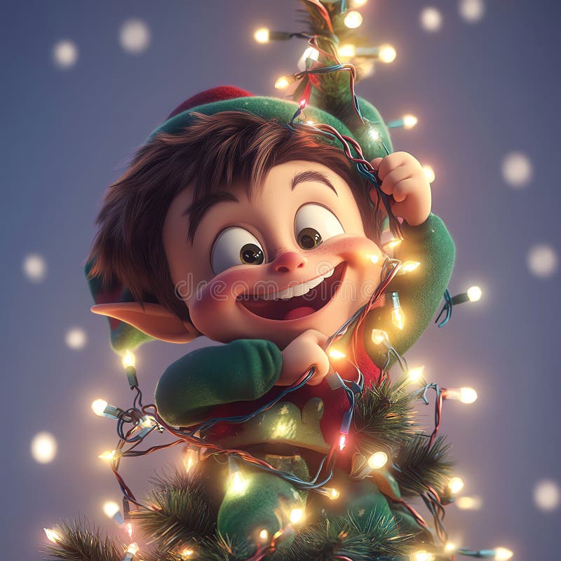 Cheerful Christmas Elf Tangled in Christmas Lights Stock Photo - Image ...