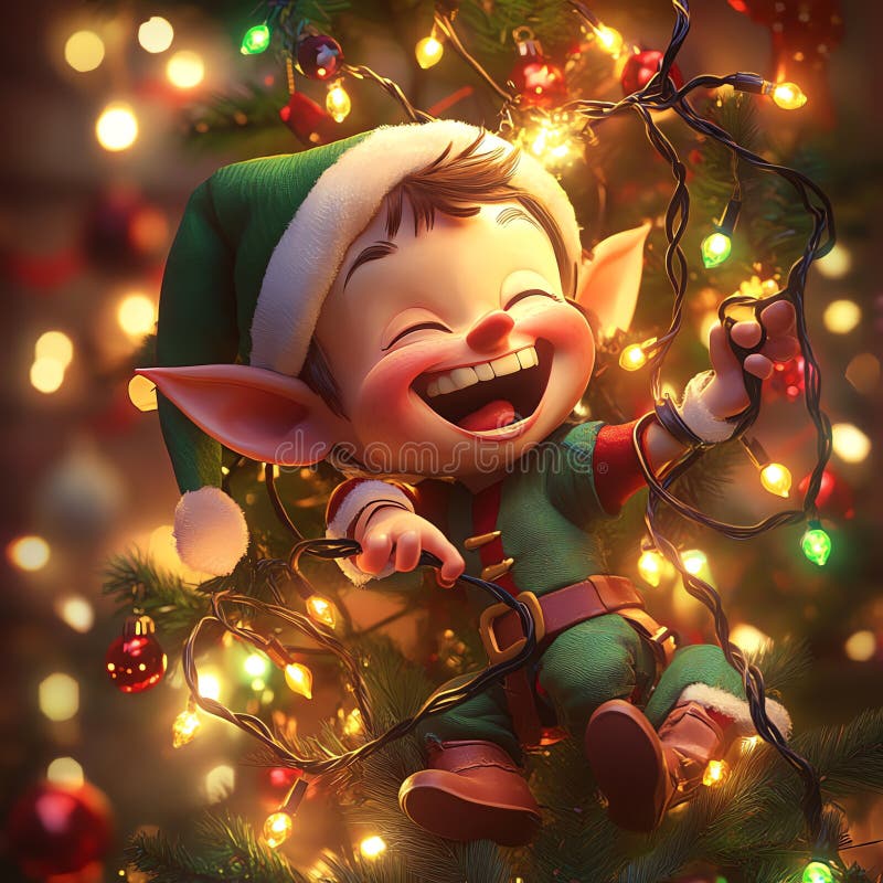Cheerful Christmas Elf Tangled in Christmas Lights Stock Photo - Image ...