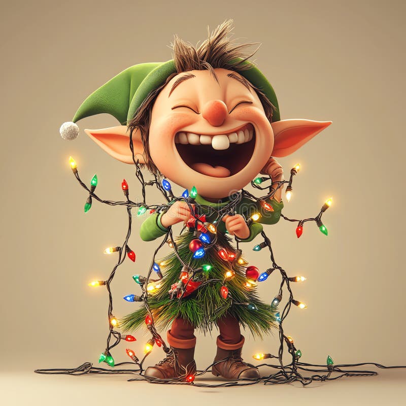 Cheerful Christmas Elf Tangled in Christmas Lights Stock Photo - Image ...