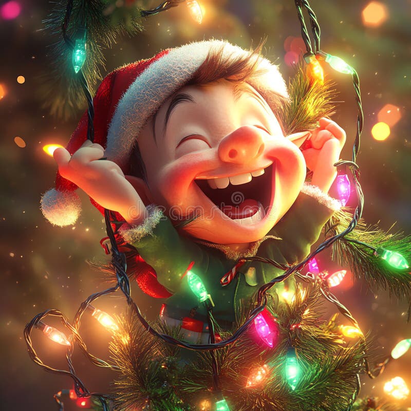 Cheerful Christmas Elf Tangled in Christmas Lights Stock Photo - Image ...
