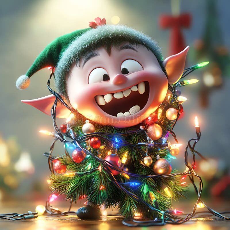 Cheerful Christmas Elf Tangled in Christmas Lights Stock Photo - Image ...