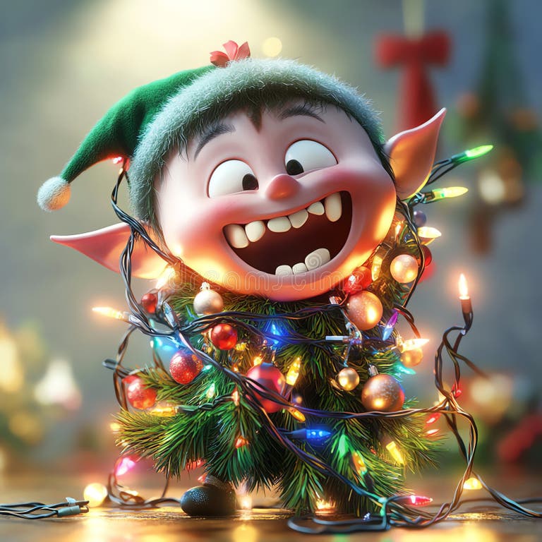 Cheerful Christmas Elf Tangled in Christmas Lights Stock Photo - Image ...