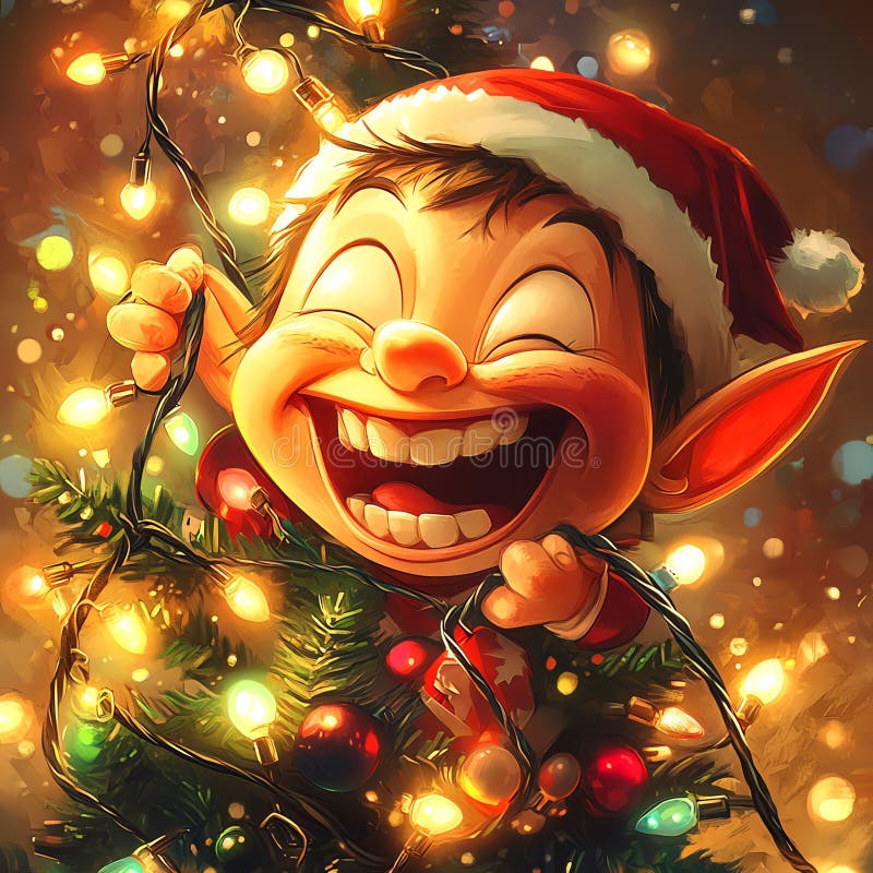 Cheerful Christmas Elf Tangled in Christmas Lights Stock Photo - Image ...