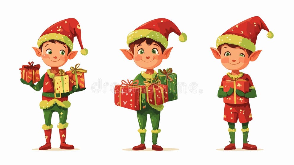 Cheerful Christmas Elves with Gifts Vector Illustration Stock Vector ...