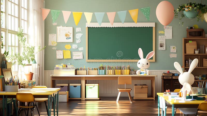 Cheerful Classroom Setting with Colorful Decorations and Playful Bunny ...
