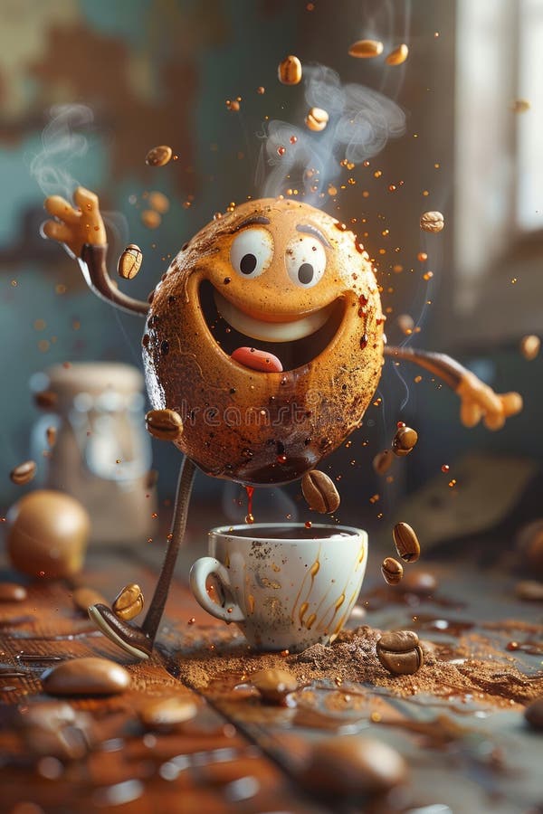 A Cheerful Coffee Bean Character Dances Joyfully beside a Steaming Cup ...
