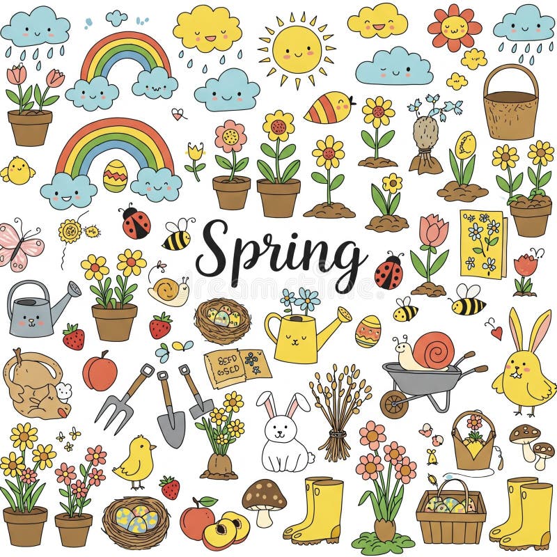 A Cheerful Collection of Hand-Drawn Springtime Doodles Stock ...