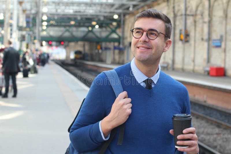 Cheerful Commuter Having Some Coffee Stock Image - Image of morning ...