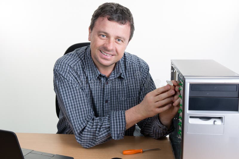 Cheerful Computer Engineer Working Stock Image - Image of handsome ...