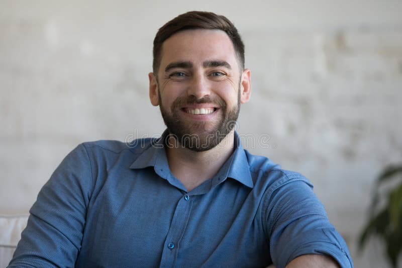 Cheerful Confident Handsome Adult Man Sitting on Couch Stock Image ...