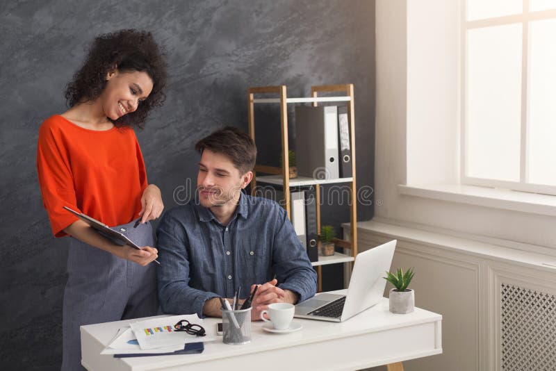 Couple of Young Colleagues Work at Modern Office Stock Image - Image of ...
