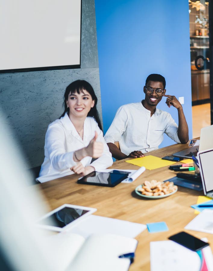 Cheerful Coworker at Conference Table Laughing Stock Photo - Image of ...