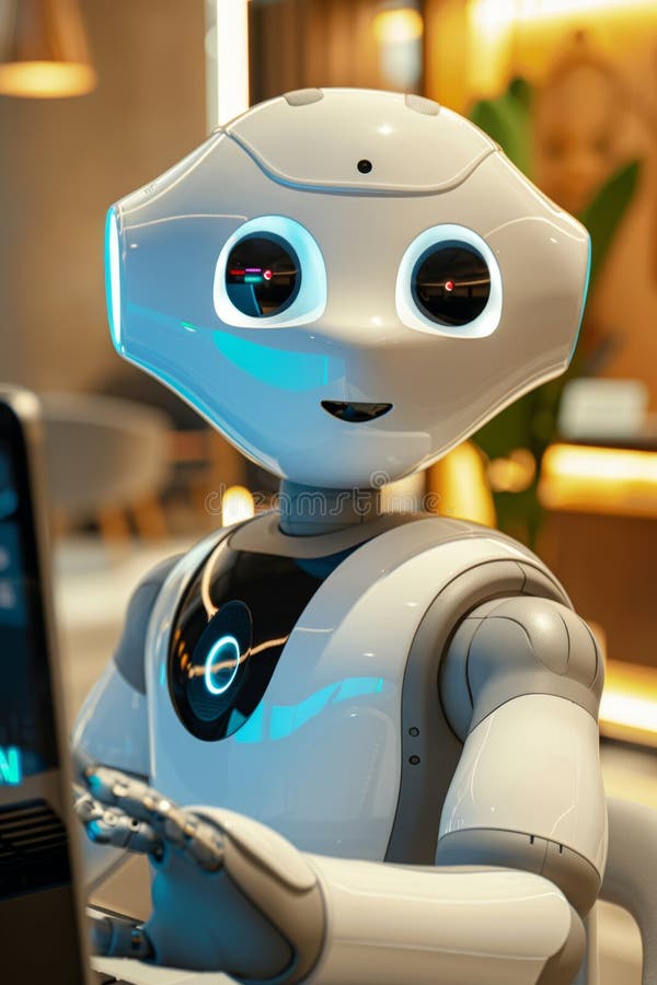 Cheerful Customer Service Robot Using Computer in Blurred Office ...