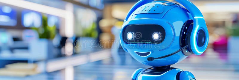Cheerful Customer Service Robot Using Computer in Blurred Office ...