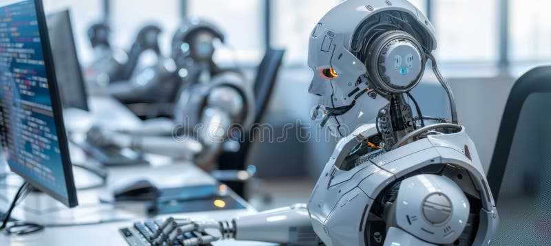 Cheerful Customer Service Robot Using Computer in Blurred Office, Space ...