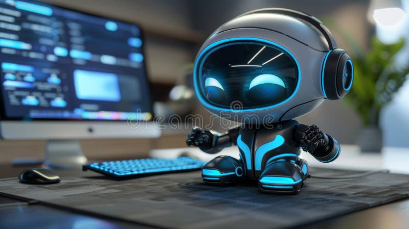 Cheerful Customer Service Robot at Work on Computer in Blurred Office ...