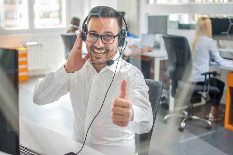 Cheerful Customer Support Operator Showing Thumb Up in Call Center ...