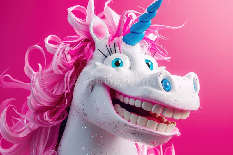 Cheerful 3D Animated Unicorn with Smiling Expression on Pink Background ...