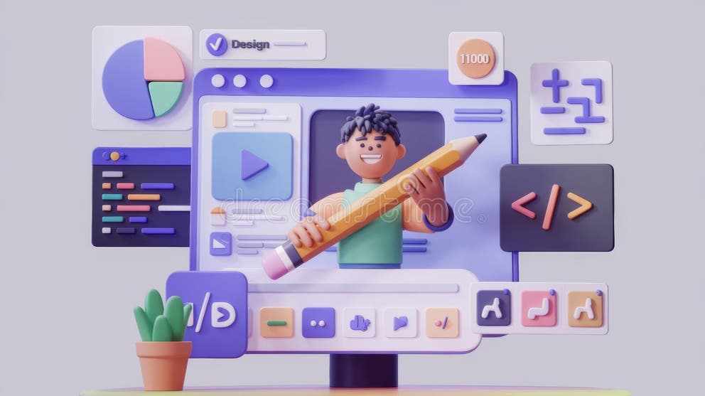 3D Cartoon Designer with Pencil Website UI Coding and Design Elements ...