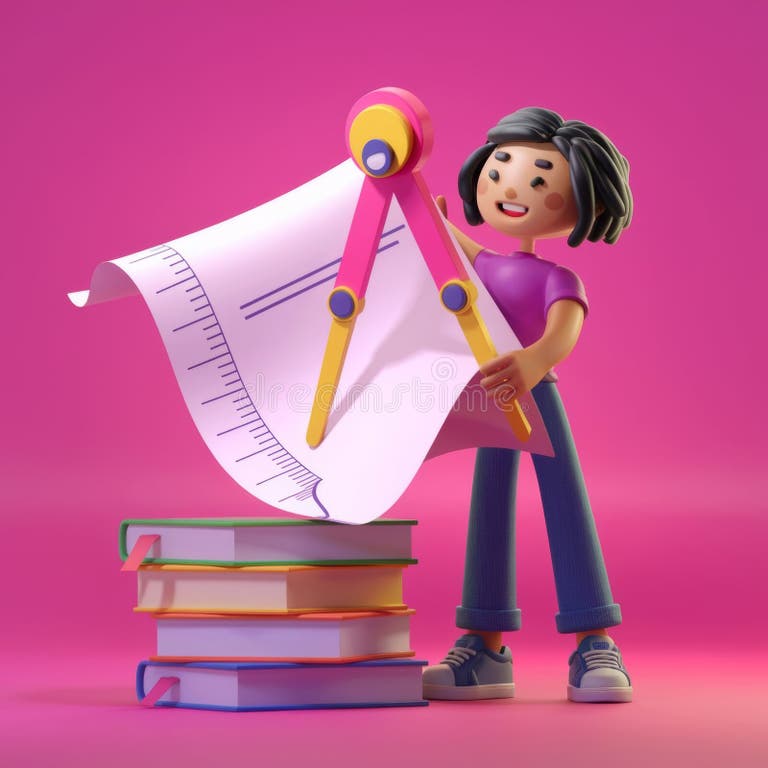 3D Cartoon Student Holding Ruler and Compass on Book Stack AI Generated ...