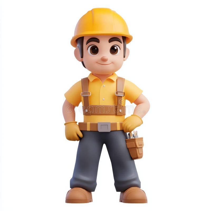 Cheerful 3D Illustration of Construction Worker in Bright Style ...
