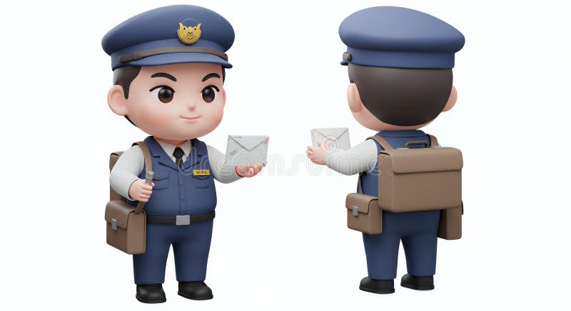 Cheerful 3D Rendered Chibi Korean Mail Carrier in Blue Uniform Isolated ...