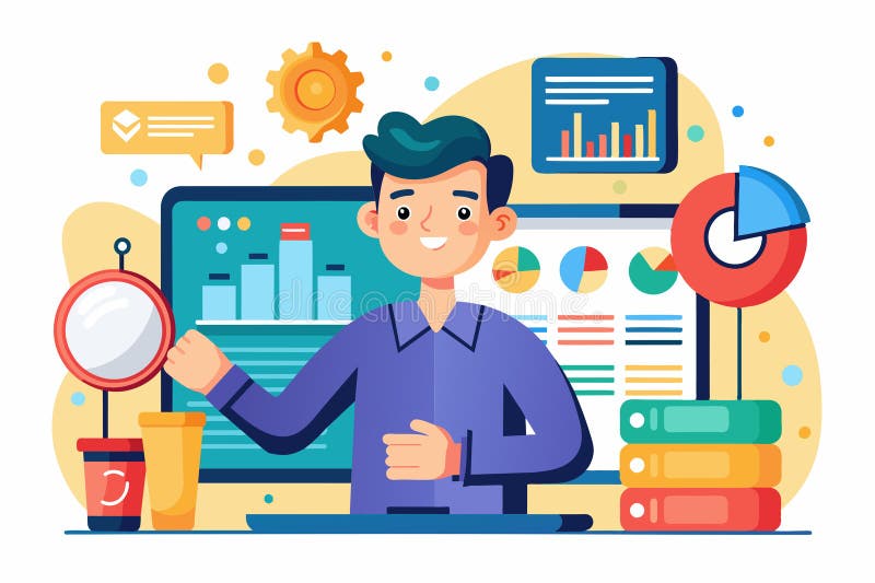 A Cheerful Data Analyst Engages with Colorful Charts and Graphs on His ...