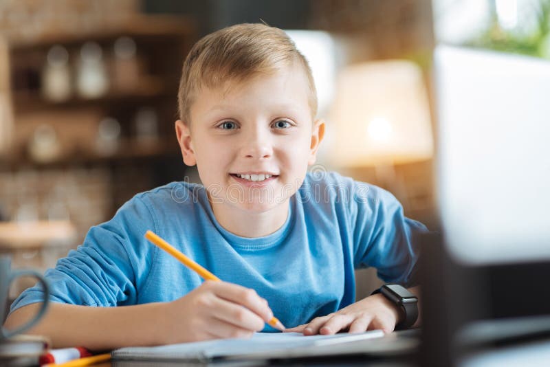 Cheerful Delighted Boy Taking Notes Stock Photo - Image of caucasian ...