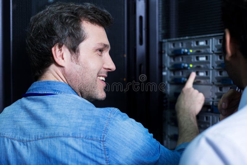 Cheerful Delighted Man Pointing at the Server Rack Stock Image - Image ...
