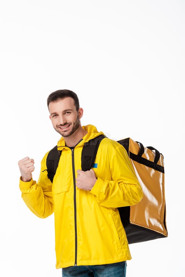 Delivery Man with Backpack Smiling Isolated on White Stock Photo ...